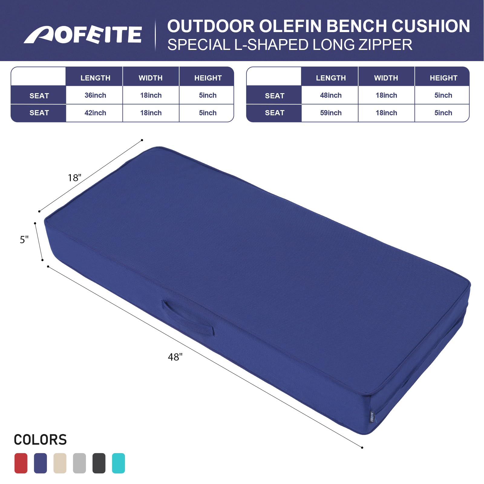 AOFEITE Outdoor Olefin Water-Resistant Bench Cushion, Weather and Fade Resistant 48”x 18”x 5” Patio Furniture Thickened Seat Pad with Handle and Adjustable Straps Ideal for Lawn, Garden, Dark Blue