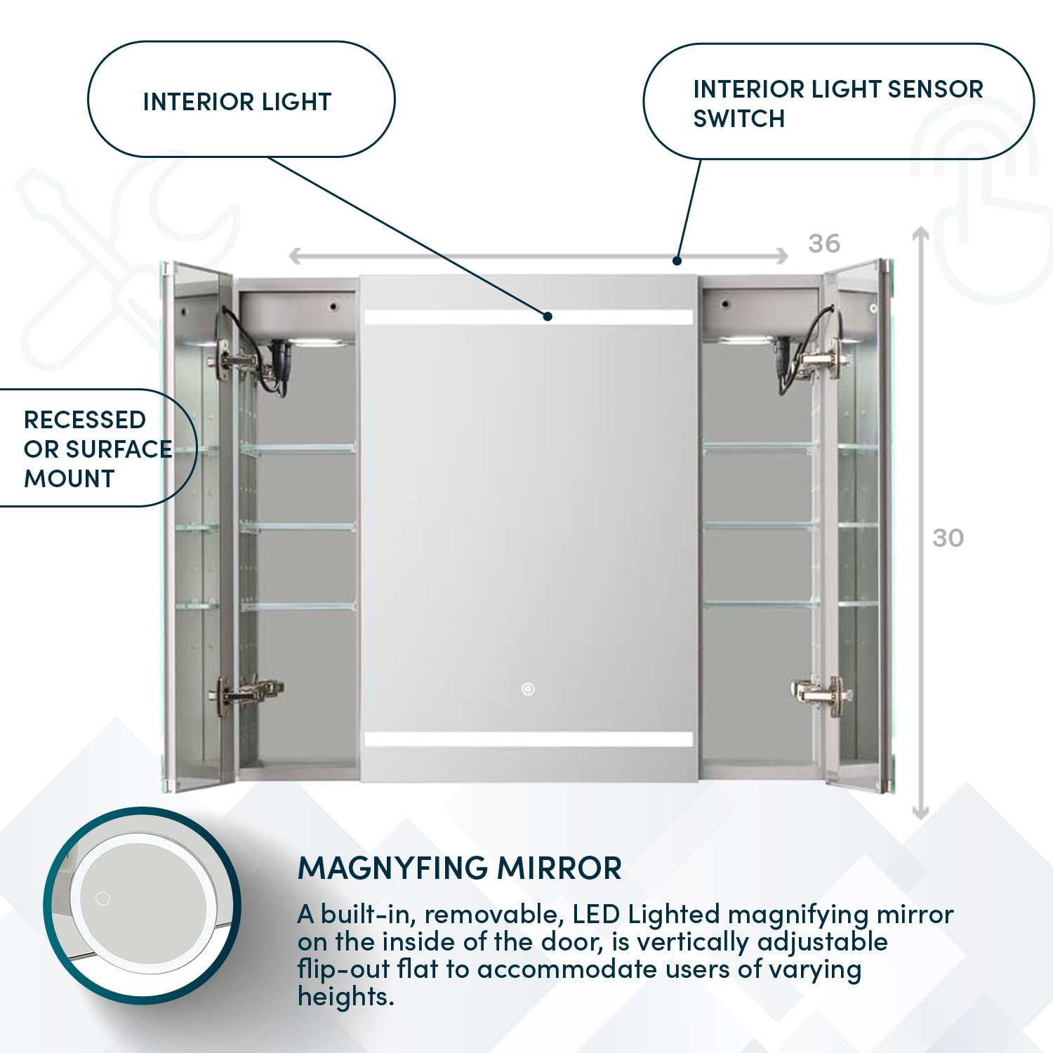 AQUADOM Royale Plus LED Medicine Cabinet with Three Mirrored Doors Defogger, Dimmer, Adjustable Shelves, Electrical Outlets, Soft Close Hinges, Magnifying Mirror (36W x 30H x 5D)