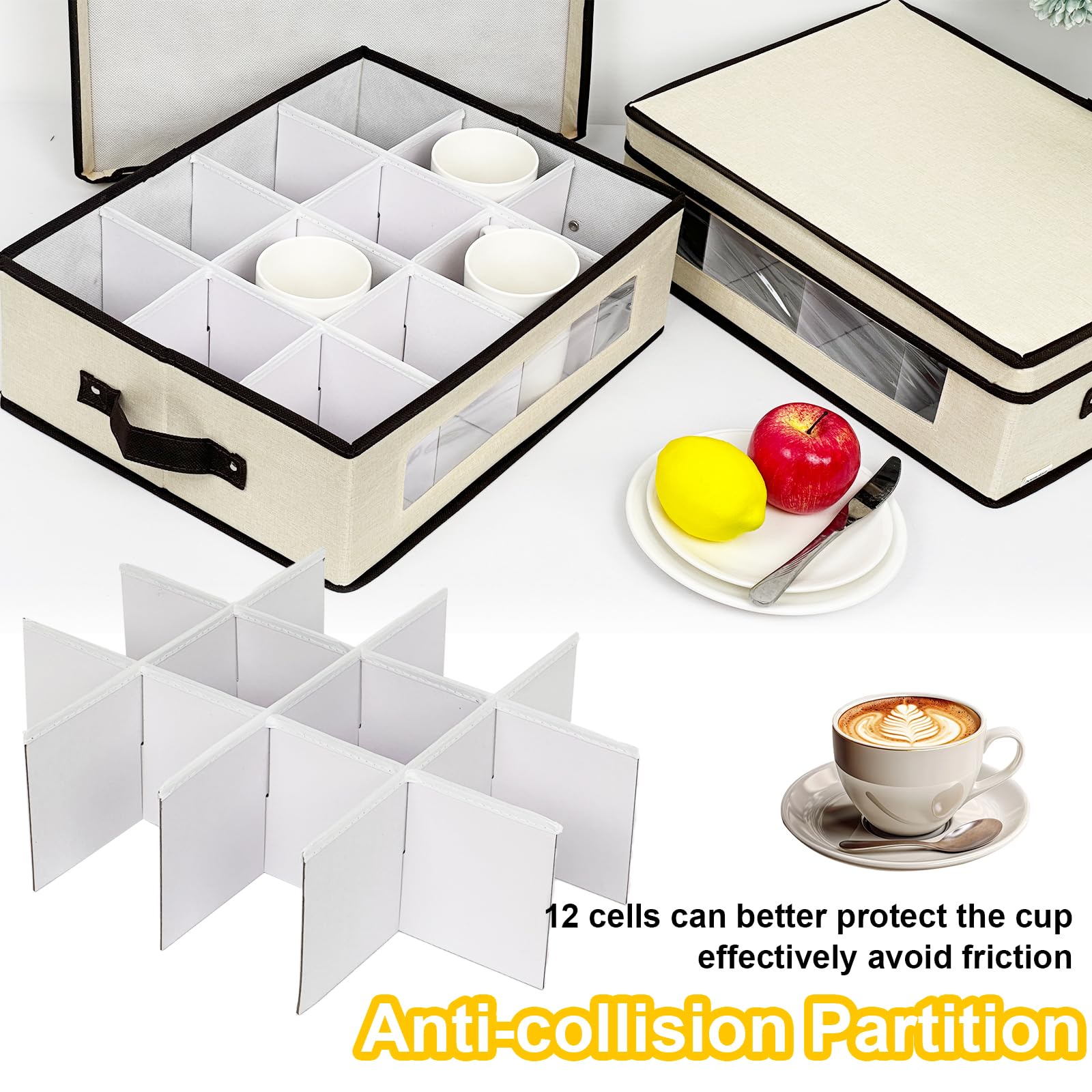 homyfort 2 Pack Mug Storage Box with Dividers, China Cup Storage Containers Organizer Hard Shell with Compartments for 24 Tea Cups and Coffee Mugs (Beige)