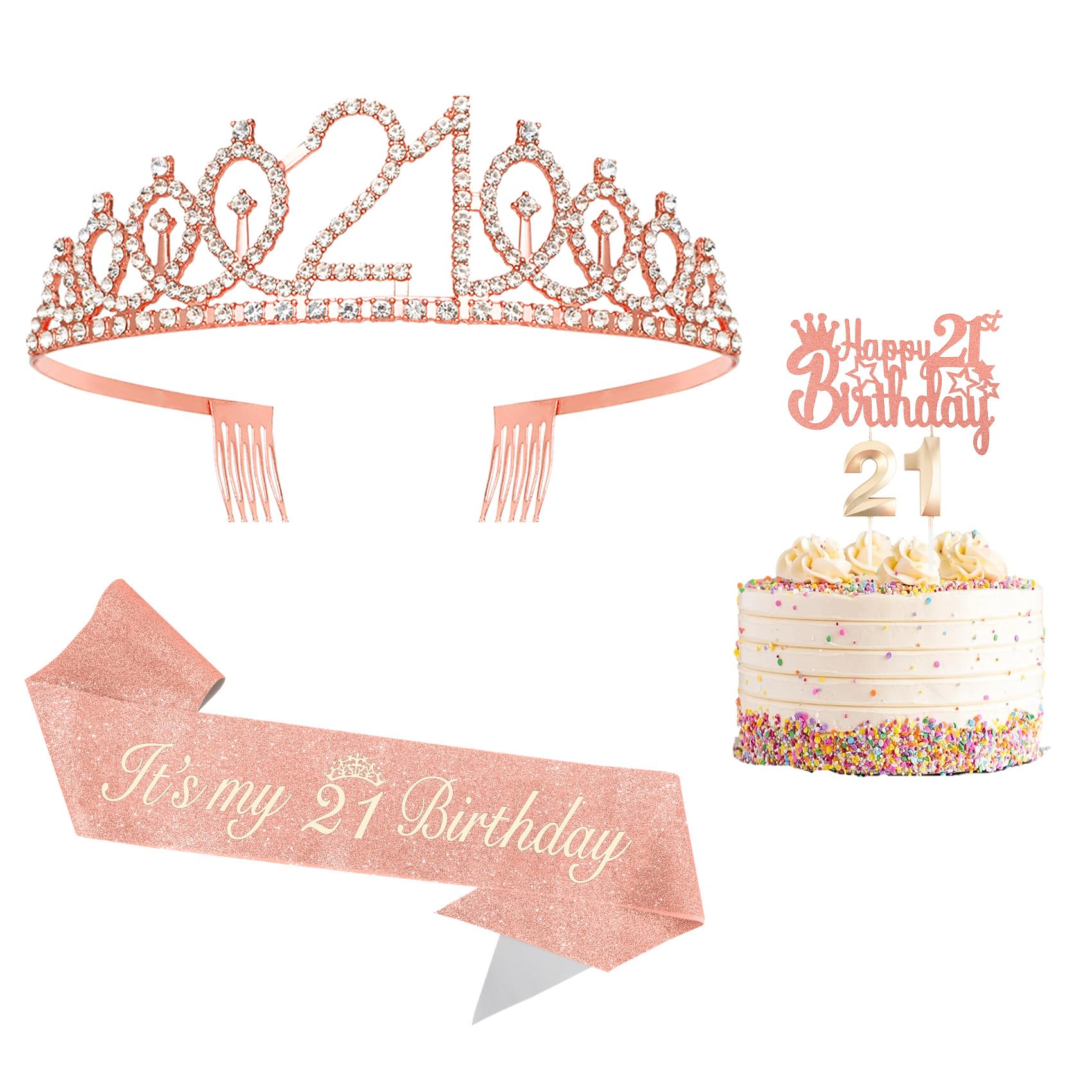 XZtimes Birthday Crown, 21st Birthday Decorations, Birthday Sash, Gifts for Her, Birthday Tiara, Cake Topper, Headband Party Favors Accessory