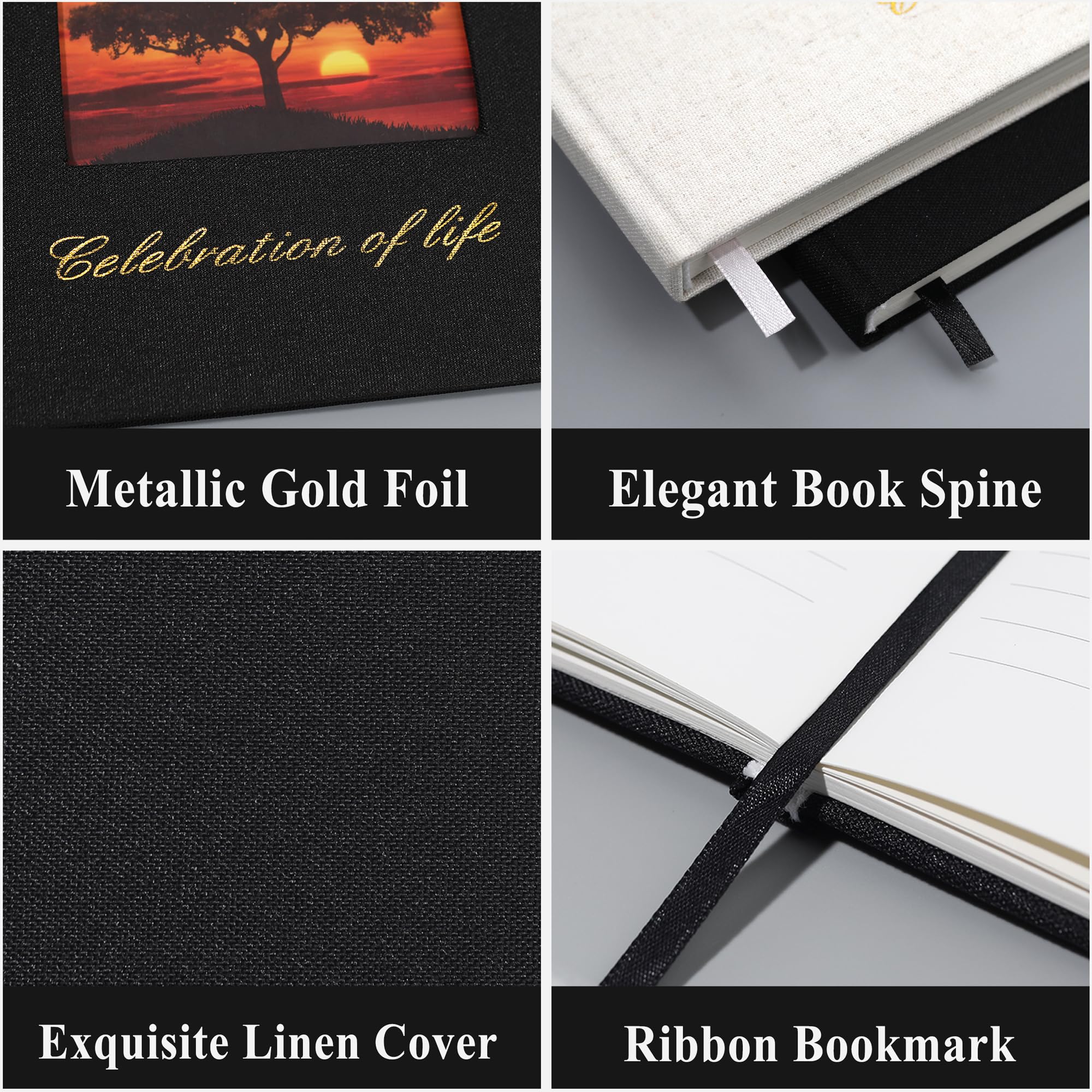 SUNEE Funeral Guest Book for Memorial & Funeral Services – in Loving Memory Funeral Book, Celebration of Life Guest Book with 100 Lined Pages, Table Sign, Ribbon Bookmark and Linen Hardcover, Black