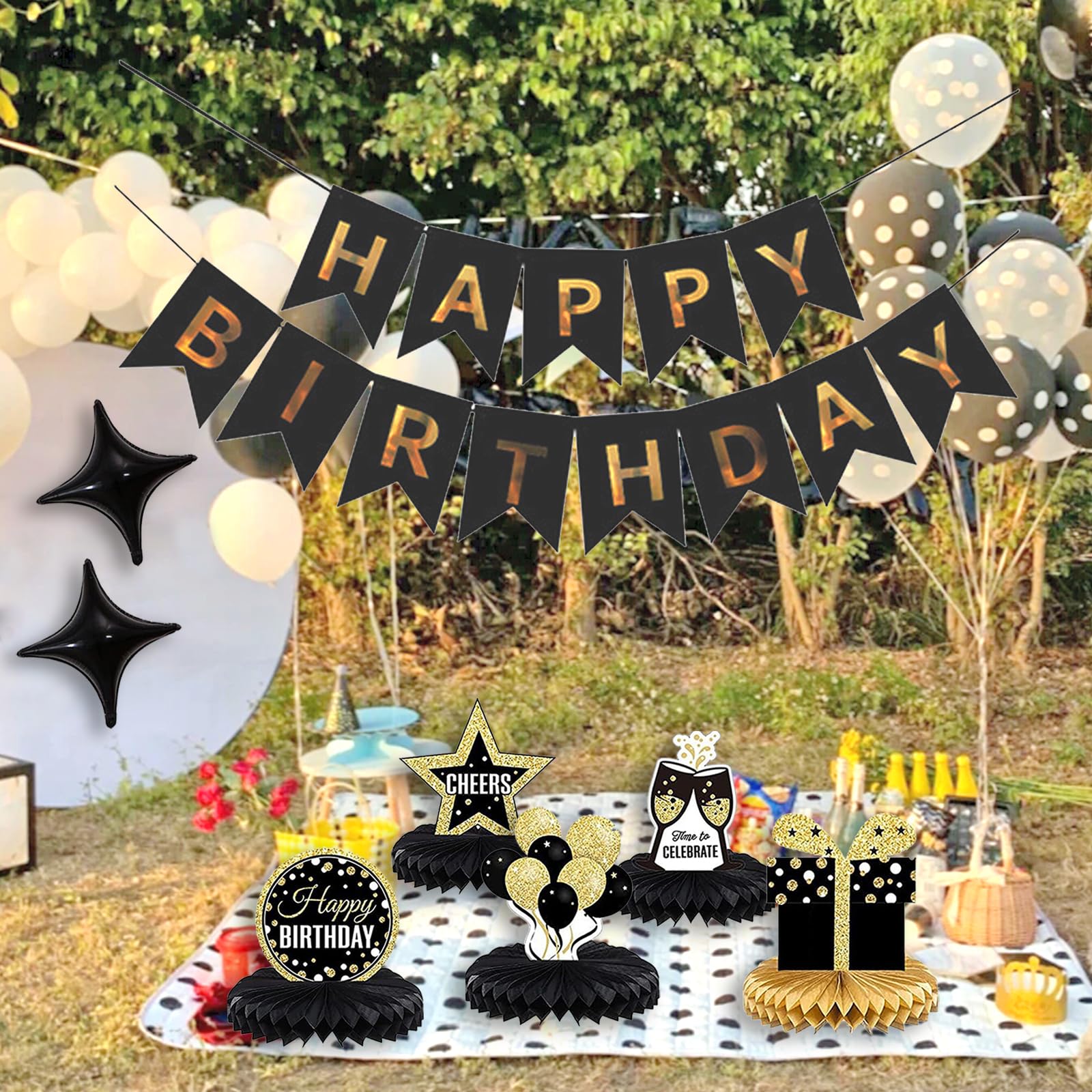 ZJDHPTY Black and Gold Birthday Decorations Happy Birthday Banner Centerpiece Table Decorations (Black and gold)