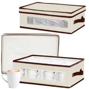 homyfort 2 pack mug storage box with dividers, china cup storage containers organizer hard shell with compartments for 24 tea cups and coffee mugs (beige)