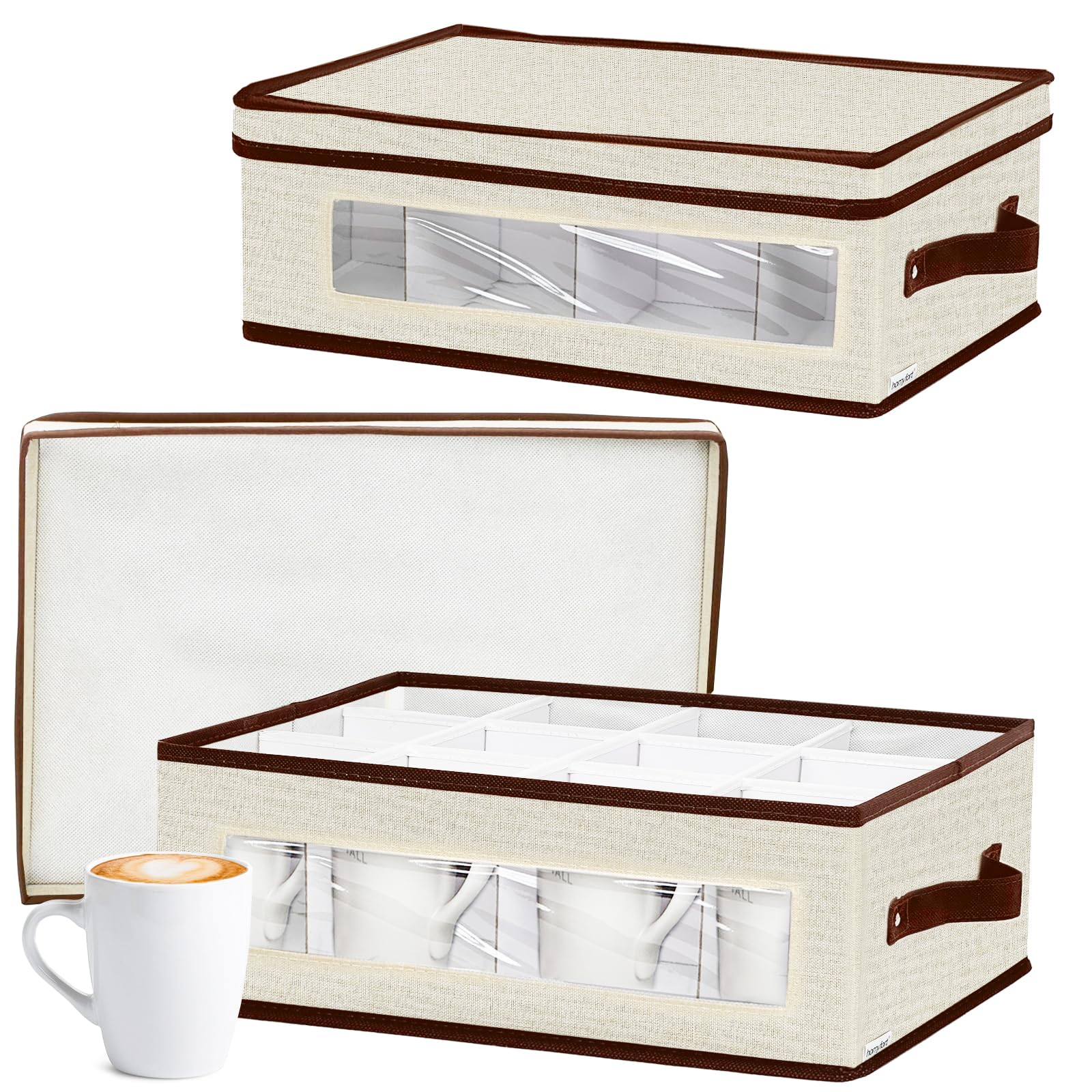 homyfort 2 Pack Mug Storage Box with Dividers, China Cup Storage Containers Organizer Hard Shell with Compartments for 24 Tea Cups and Coffee Mugs (Beige)