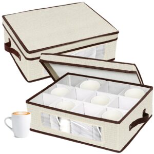 homyfort 2 Pack Mug Storage Box with Dividers, China Cup Storage Containers Organizer Hard Shell with Compartments for 24 Tea Cups and Coffee Mugs (Beige)