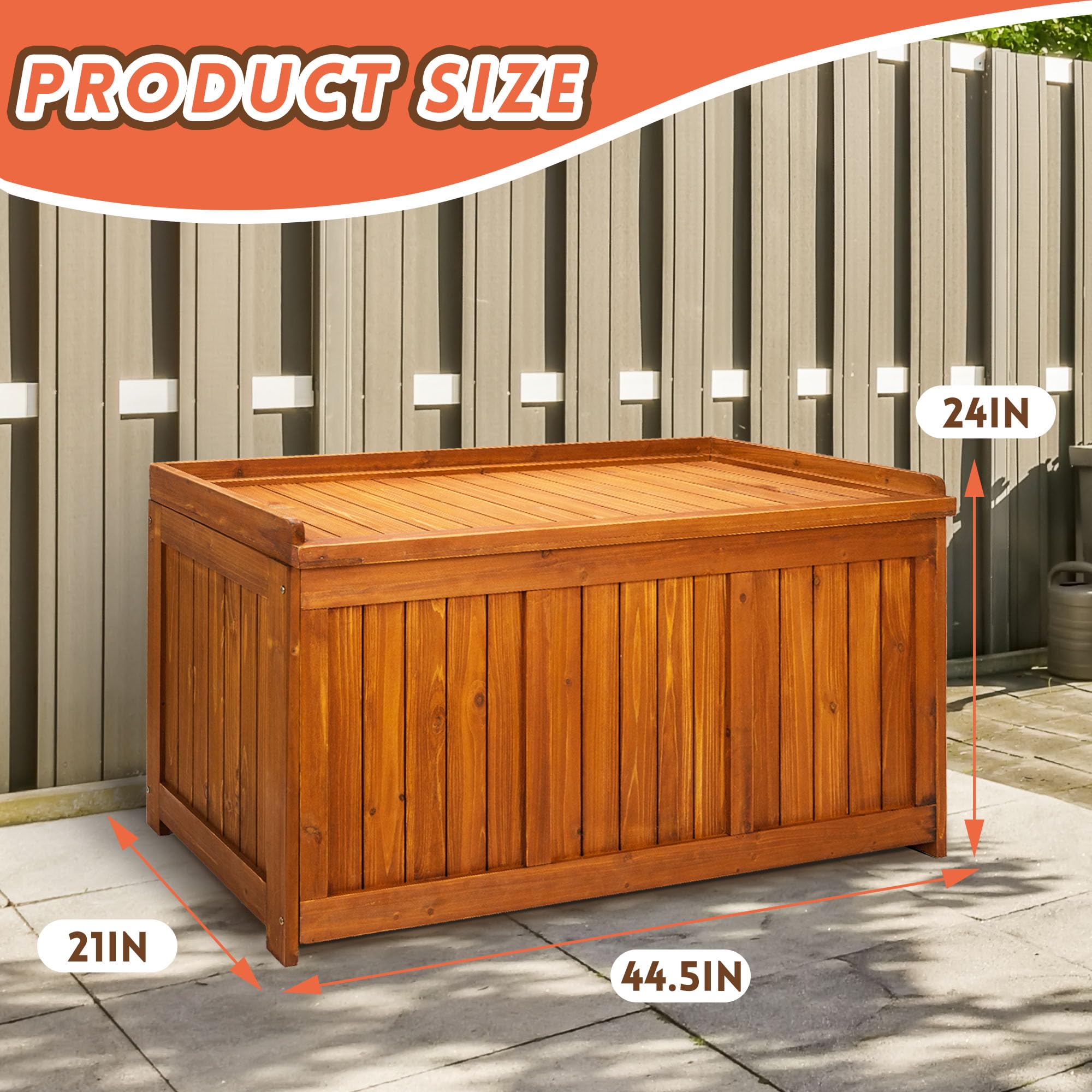 pnochoo 65 Gallon Solid Wood Deck Box, Garden Backyard Storage Bench, Waterproof Outdoor Storage Container for Patio Furniture Cushions Pool Supplies,Toys,Garden Tool,Sports Equipment