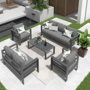 solaste aluminum patio furniture set,5 pieces modern outdoor conversation set sectional sofa with upgrade cushion and tempered glass table top coffee table,grey