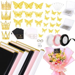 vellibring 166pcs flower bouquet accessories flower bouquet wrapping paper ribbons gold crowns butterfly decorations flower pins for florist wrap mother's day valentine's day birthday diy present