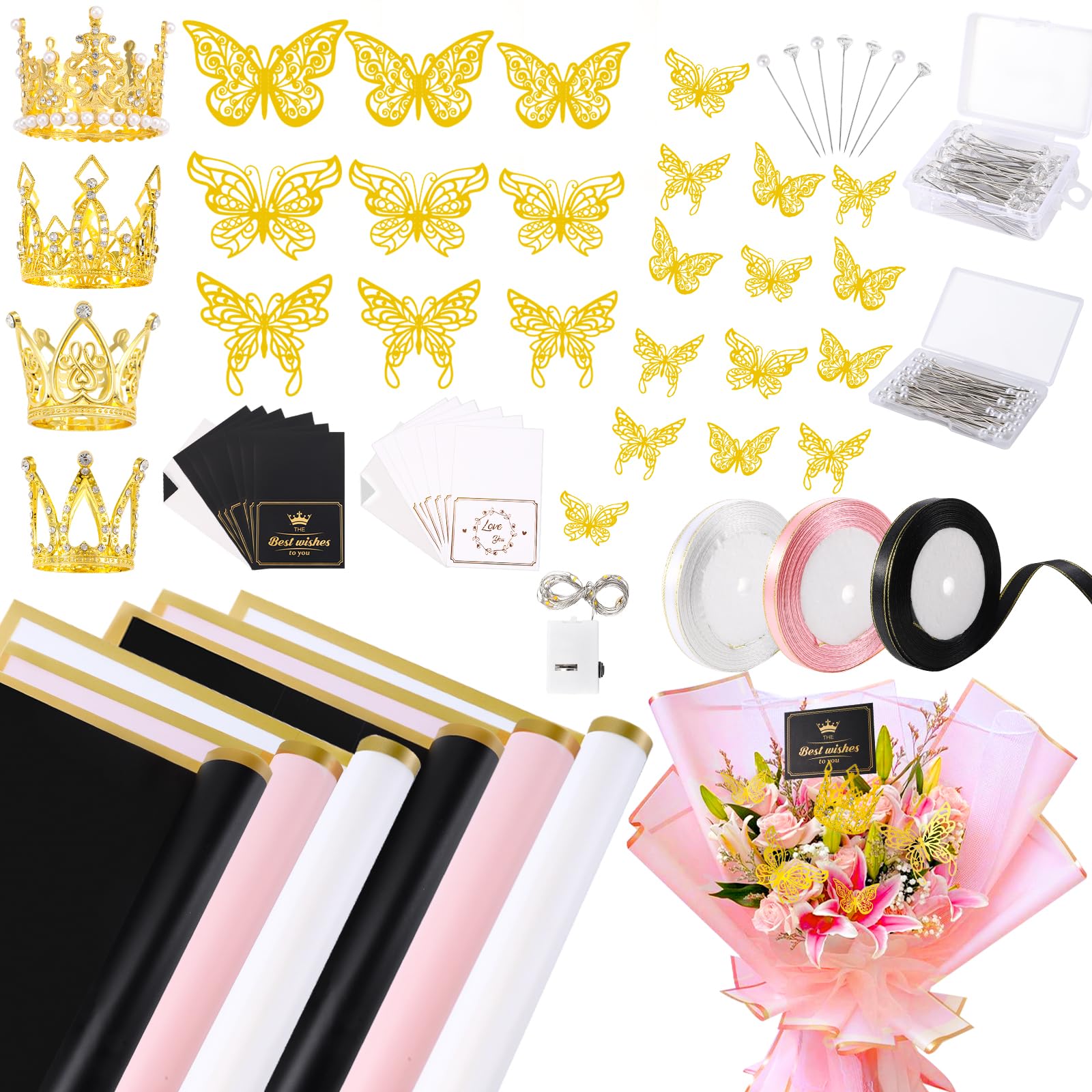 Vellibring 166pcs Flower Bouquet Accessories Flower Bouquet Wrapping Paper Ribbons Gold Crowns Butterfly Decorations Flower Pins for Florist Wrap Mother's Day Valentine's Day Birthday DIY Present