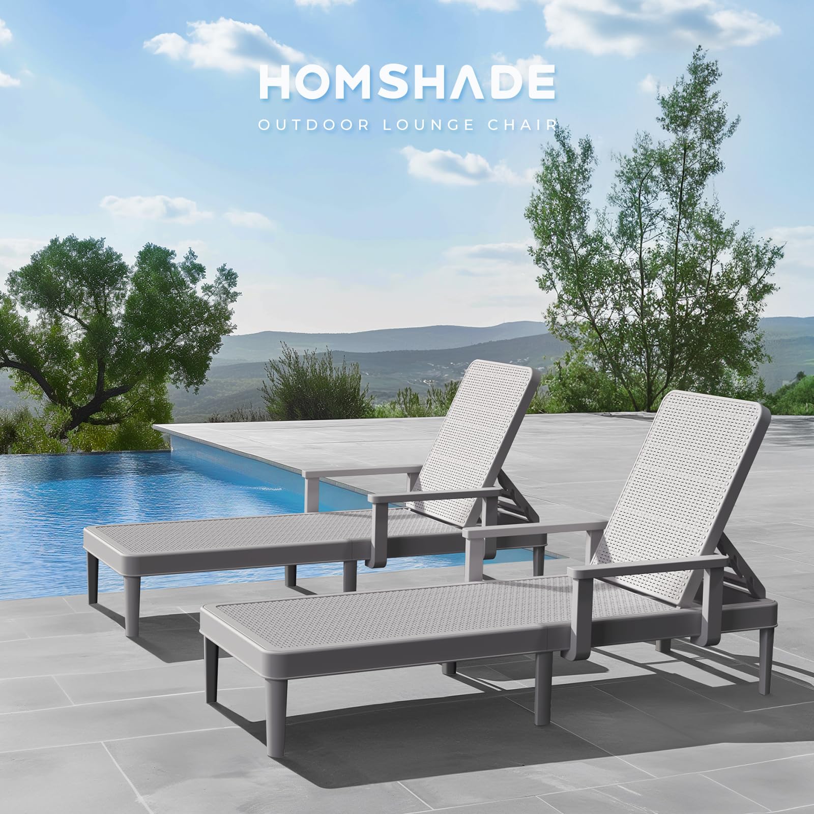 HOMSHADE Chaise Lounge Chair Outdoor - 5 Position Adjustable Backrest, Armrest, Waterproof, Easy Assembly, 300lb Weight Capacity for Pool, Resin, Light Grey