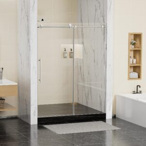 frameless sliding shower door 56-60 in w x 75 in h,frameless shower door with 5/16" (8mm) clear tempered glass,silent soft-close design,brushed nickel