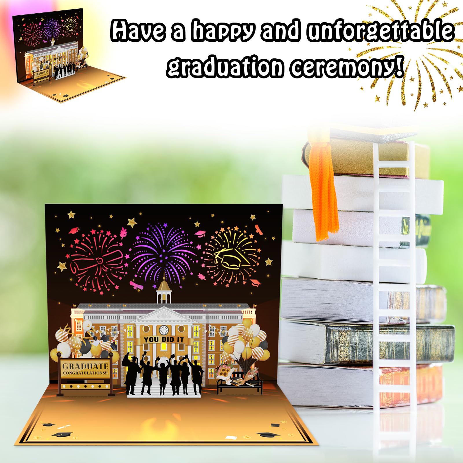 Graduation Card, 3D Pop-up Music &Lights 2024 Graduation Cards with Fireworks,Graduation Celebration School Architectural,Gifts for College,University Master's (Graduation Card)