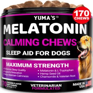 yuma's melatonin for dogs - 170 dog melatonin chews for small and large dogs - puppy melatonin - dog sleep aid - calming treats for stress anxiety relief - calming chews for dogs - dog sleeping pills