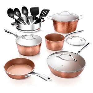 gotham steel hammered 15 pc copper pots and pans set non stick, kitchen cookware sets, pot and pan set, ceramic cookware set, non toxic cookware set, non stick pots and pan set, dishwasher safe