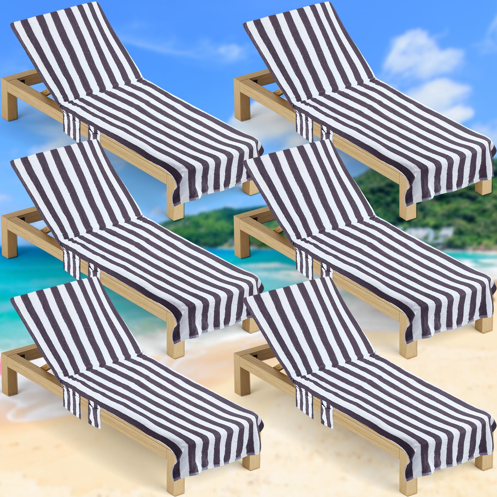 SmoothNovelty 6 Pcs Pool Chair Covers 30 x 85 Inch Large Lounge Chair Cushion Covers with Top and Side Pocket Stripe Beach Chair Towels for Summer Outdoor Indoor Pool Beach Patio Furniture(Gray)