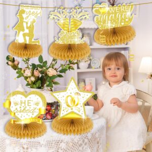 8Pcs Engagement Centerpieces Table Decorations, Gold White Engagement Party Decorations, Golden He Asked, She Said Yes Honeycomb Centerpiece for Bridal Shower Engagement, Wedding Party Decoration