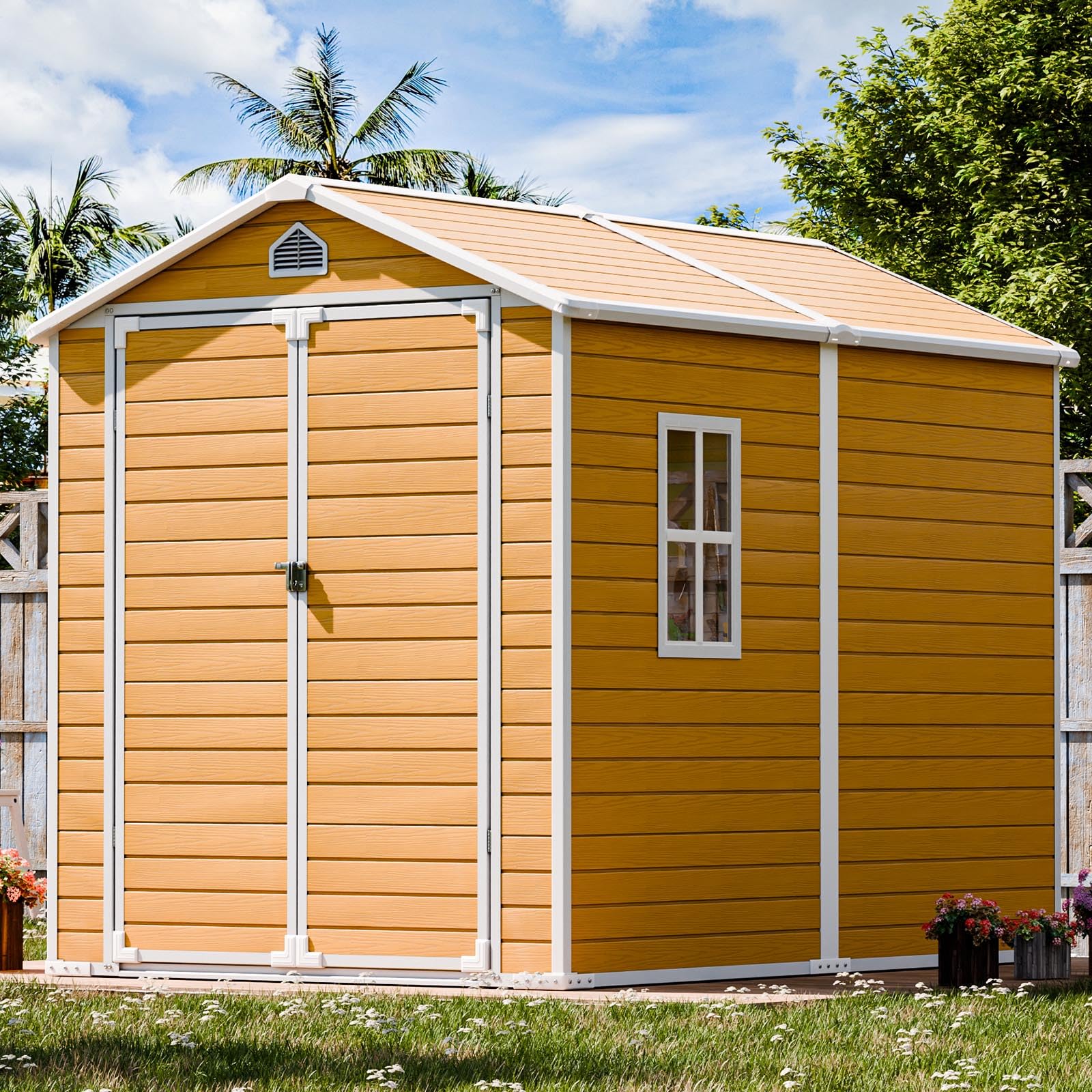 Outdoor Resin Storage Shed 8x6 FT, Plastic Sheds with Floor Window Lockable Door Included, Large Waterproof Outside Sheds Storage for Backyard Garden Patio Lawn Tools, Brown