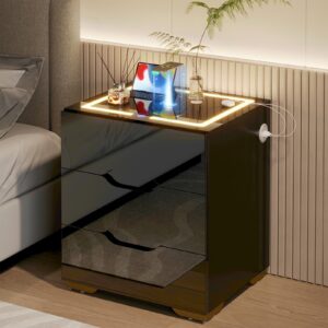 nosepen nightstand with wireless charging station & 2 usb, led smart night stand bedside table end table with 3 drawers, 3 color dimmable, adjustable brightness embedded led light strip for bedroom