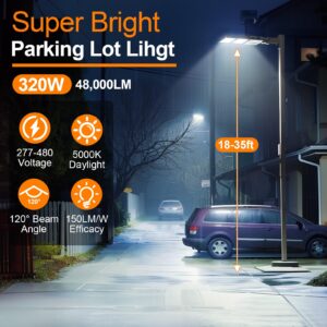 ADUB 480V 320W LED Parking Lot Light with Photocell, 48000 LM ETL Listed LED Shoebox Light Arm & Slip Fit Mount, 5000K IP65 Commercial Area Street Light Outdoor LED Flood Pole Lighting, 277~480V