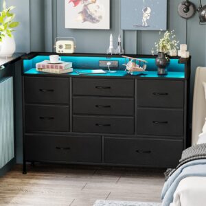 fixwal black led dresser, dresser with 9 drawers and charging station, fabric chest of drawers with pu finish for kid room, entryway, living room, hallway