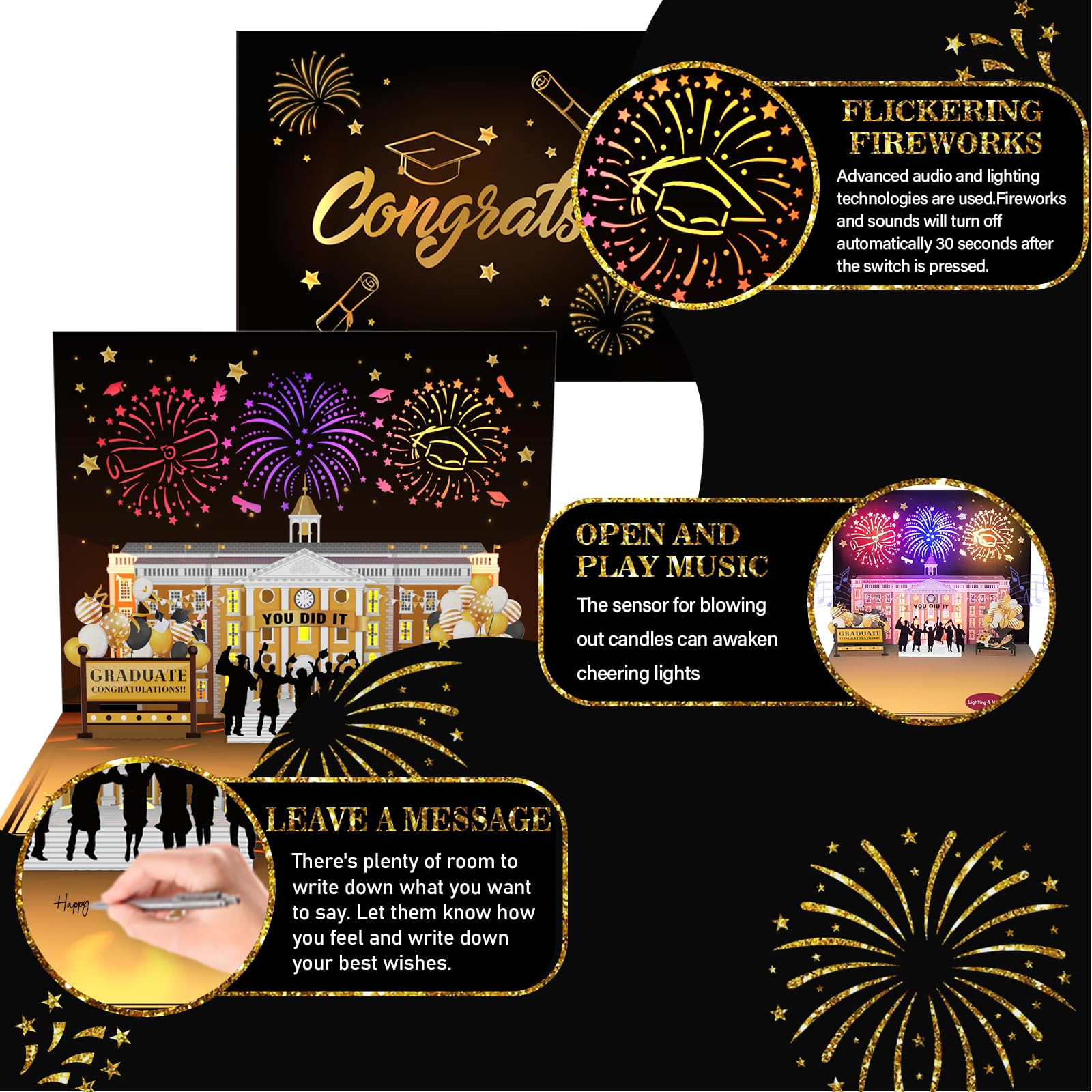 Graduation Card, 3D Pop-up Music &Lights 2024 Graduation Cards with Fireworks,Graduation Celebration School Architectural,Gifts for College,University Master's (Graduation Card)