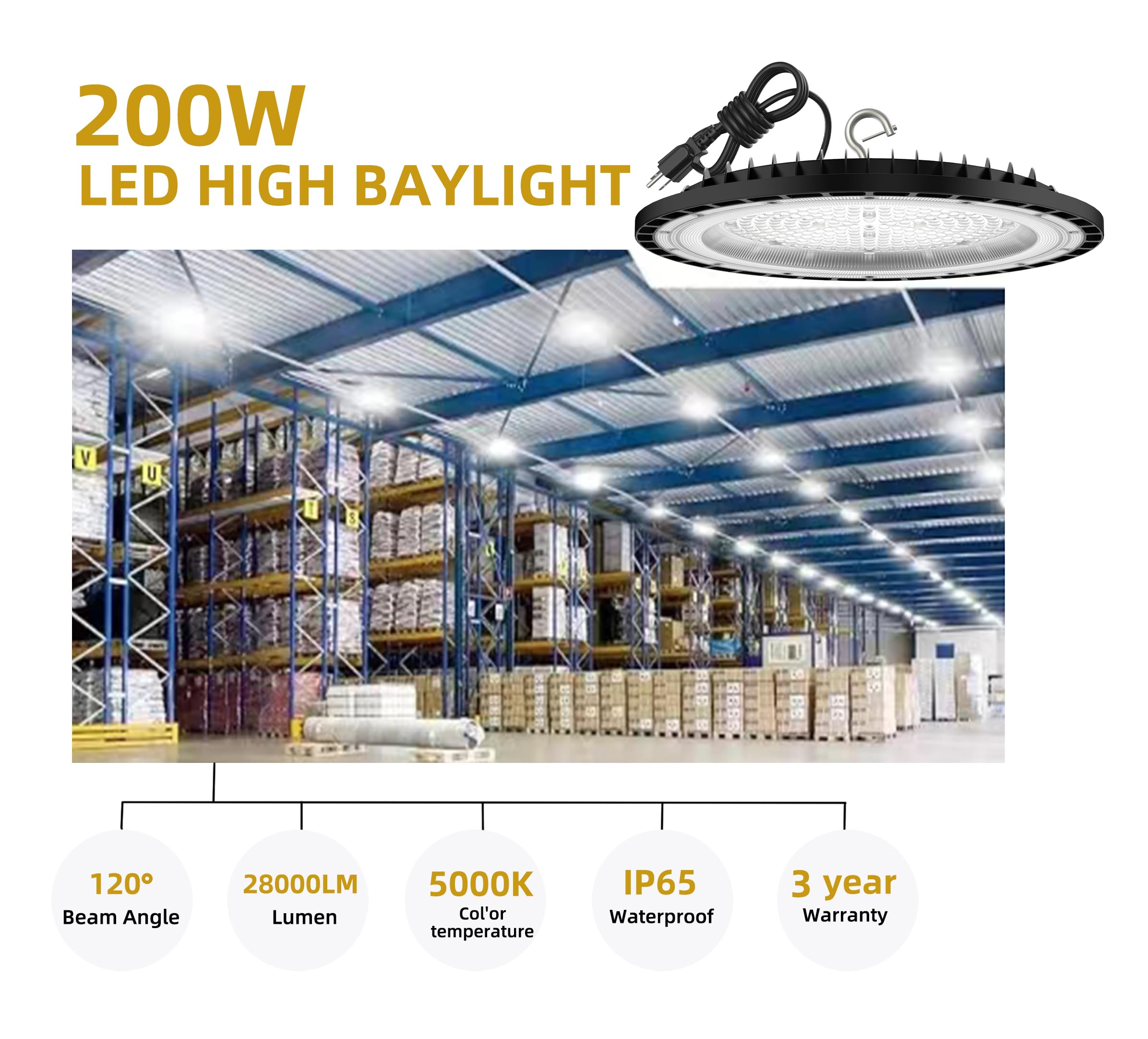 6 Pack UFO LED High Bay Light, 200W LED High Bay Light, 5000K,28,000LM, 5 ft Cable with US Plug UL Certified Plug, IP65 Commercial Warehouse Area Light for Wet Location Area, Workshop, Garage