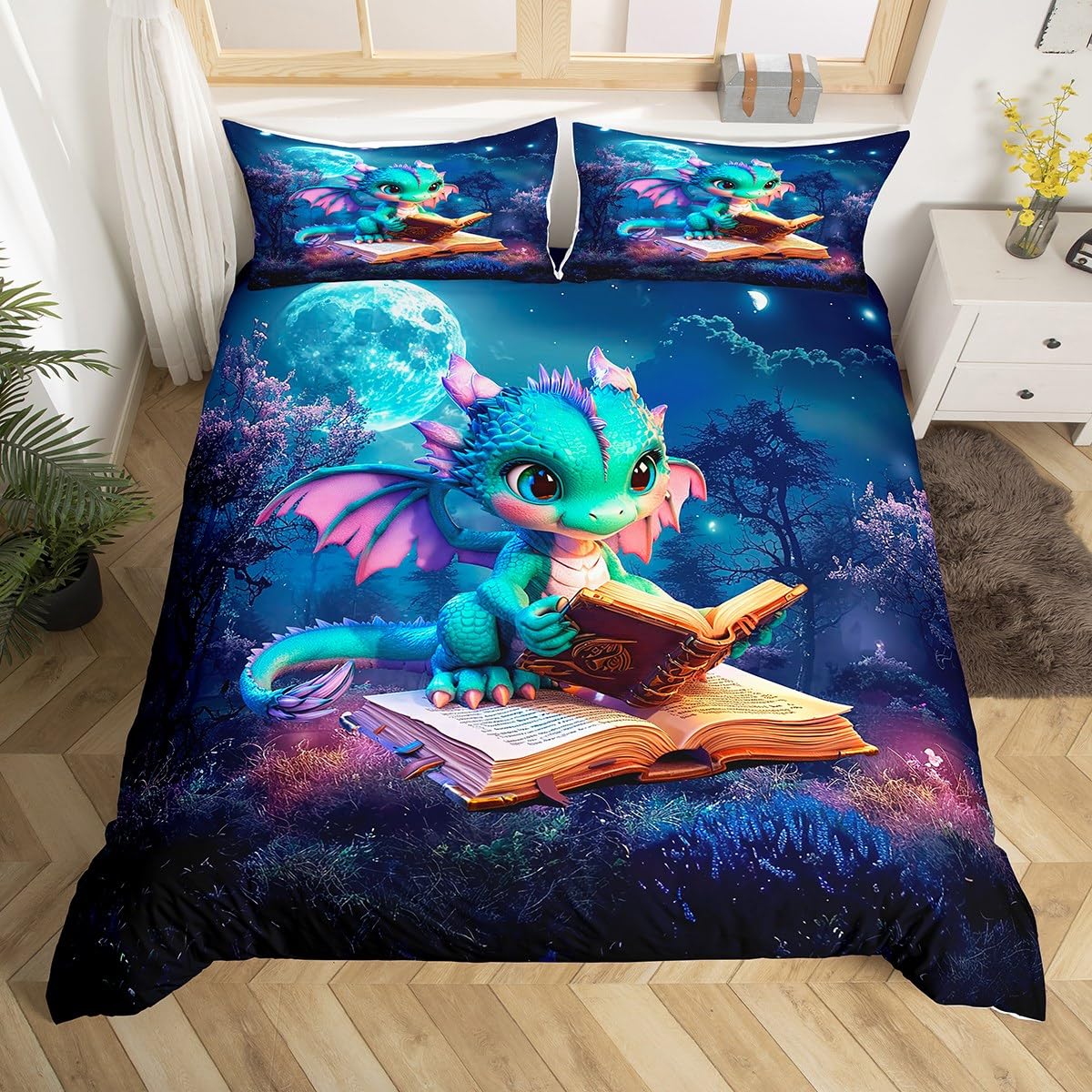 Cartoon Dragon Duvet Cover Set Twin Size Magic Jungle Night Bedding Set 2pcs for Kids Teens Room Decor Cute Dragon Books Comforter Cover Starry Moon Sky Quilt Cover,1 Pillowcase(No Comforter)