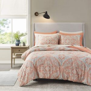 jolusere orange duvet cover queen size gloria damask coral 3 pieces geometric boho farmhouse comforter cover fluffy soft breathable lightweight microfiber all seasons comforter queen with 2 pillowcase