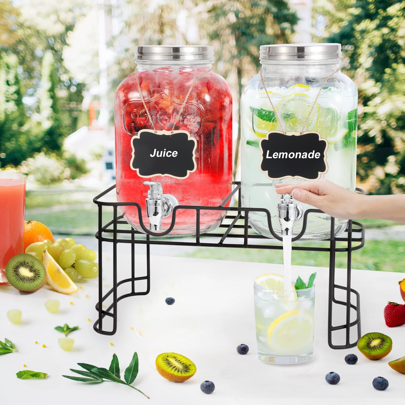 1 Gallon Glass Drink Dispensers For Parties-Set of 2,Drink Dispenser with Ice Core,Fruit Infuser & Stand,Juice or Beverage Dispenser for BBQ, Picnic, Party,Laundry Detergent Dispenser