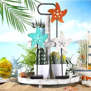 3 Pcs Summer Beach Tiered Tray Decor Starfish Table Decor Summer Wooden Table Signs Rustic Farmhouse Tabletop Centerpiece for Home Office Bedroom Table Shelf Desk