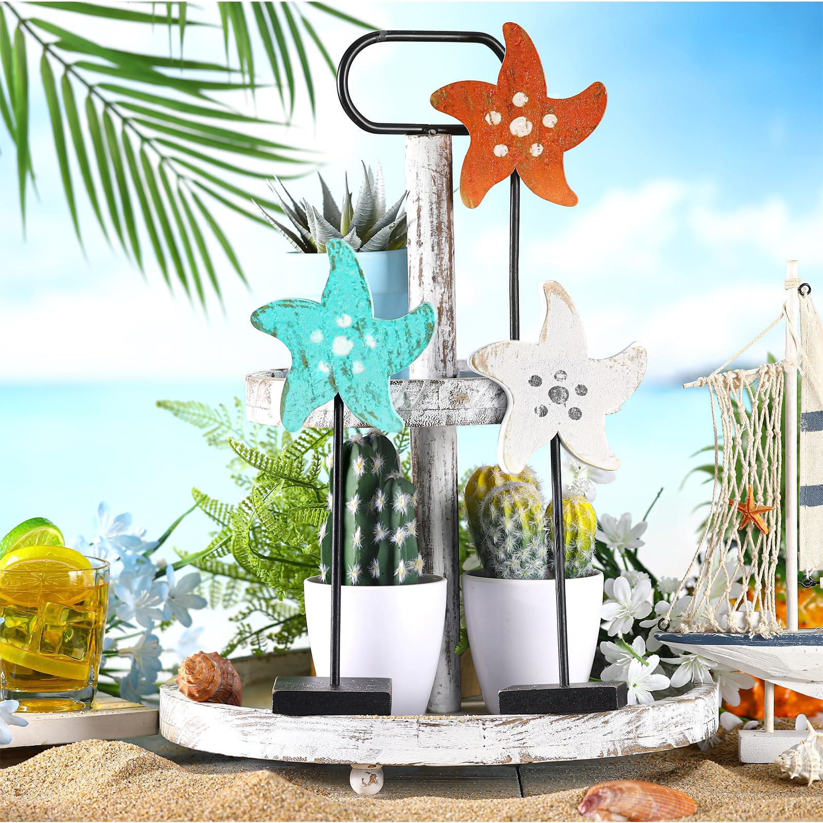 3 Pcs Summer Beach Tiered Tray Decor Starfish Table Decor Summer Wooden Table Signs Rustic Farmhouse Tabletop Centerpiece for Home Office Bedroom Table Shelf Desk