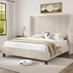 howe king size 61" corduroy upholstered bed frame, platform bed with vertical stripe wingback headboard, no box spring needed/noise free/solid wood slats/cream