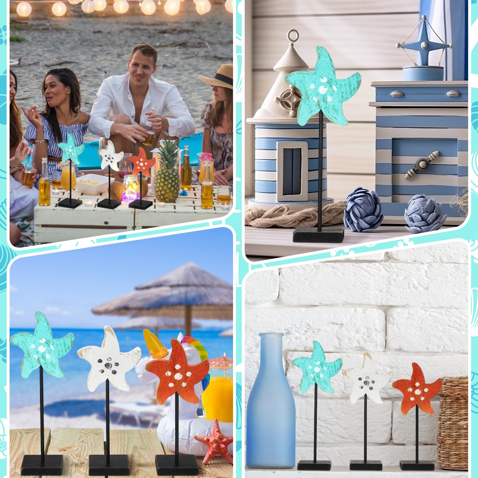 3 Pcs Summer Beach Tiered Tray Decor Starfish Table Decor Summer Wooden Table Signs Rustic Farmhouse Tabletop Centerpiece for Home Office Bedroom Table Shelf Desk