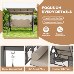 EBE Outdoor Porch Swing with Polycarbonate Hardtop, 3 Seat Patio Swing Chair with 2 Side Cup Holder, Convertible Backrest Swing Bed with Cushion, 2 Pillows for Front Porch Garden, Brown