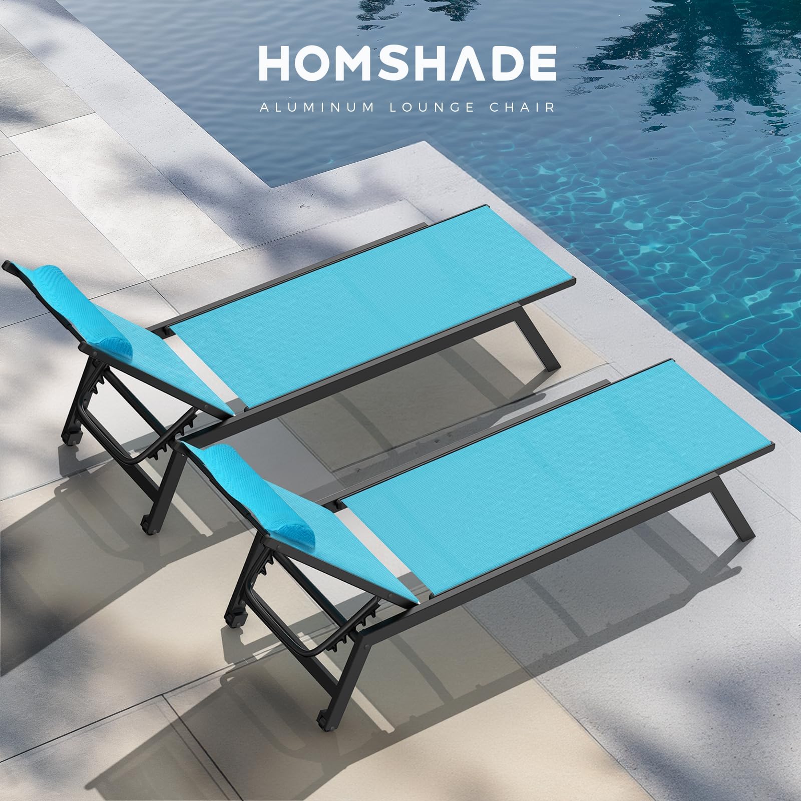 HOMSHADE Outdoor Aluminum Lounge Chair -Set of 2 with 5 Position Adjustable Backrest, Textilene Fabric, Two Wheels, Headrest for Pool, Beach, Turquoise