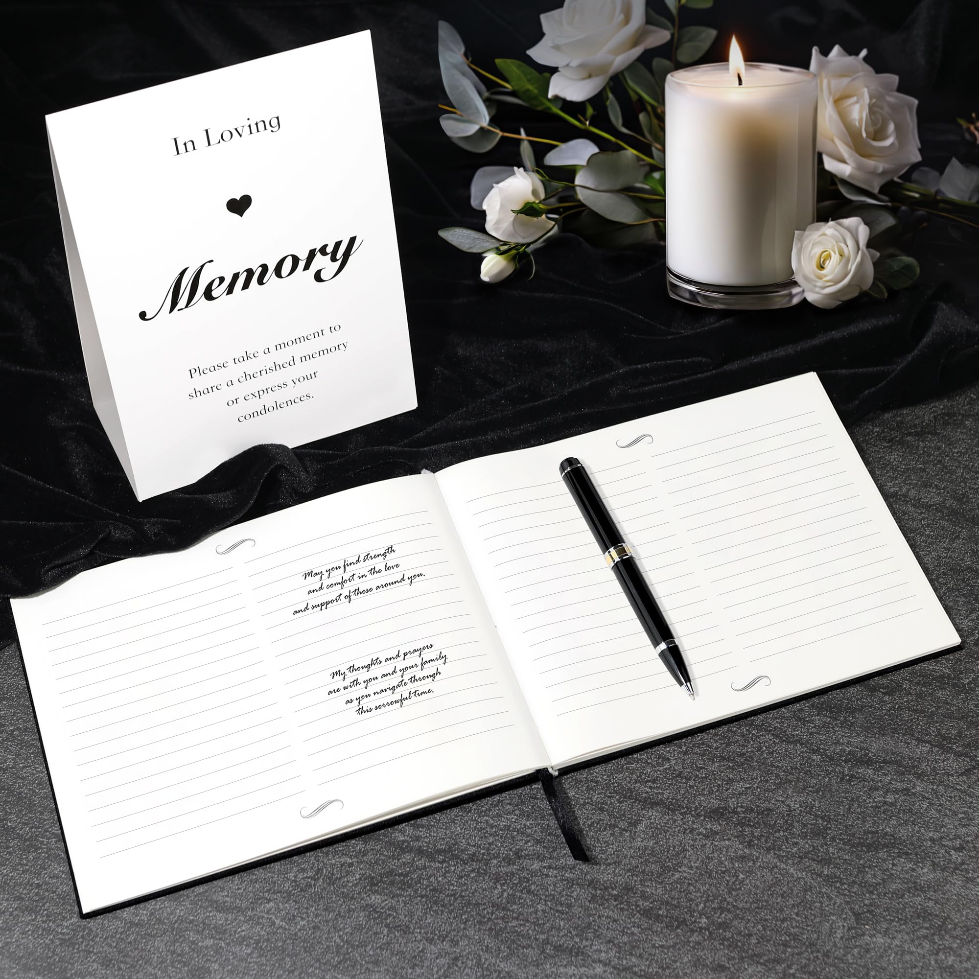 SUNEE Funeral Guest Book for Memorial & Funeral Services – in Loving Memory Funeral Book, Celebration of Life Guest Book with 100 Lined Pages, Table Sign, Ribbon Bookmark and Linen Hardcover, Black