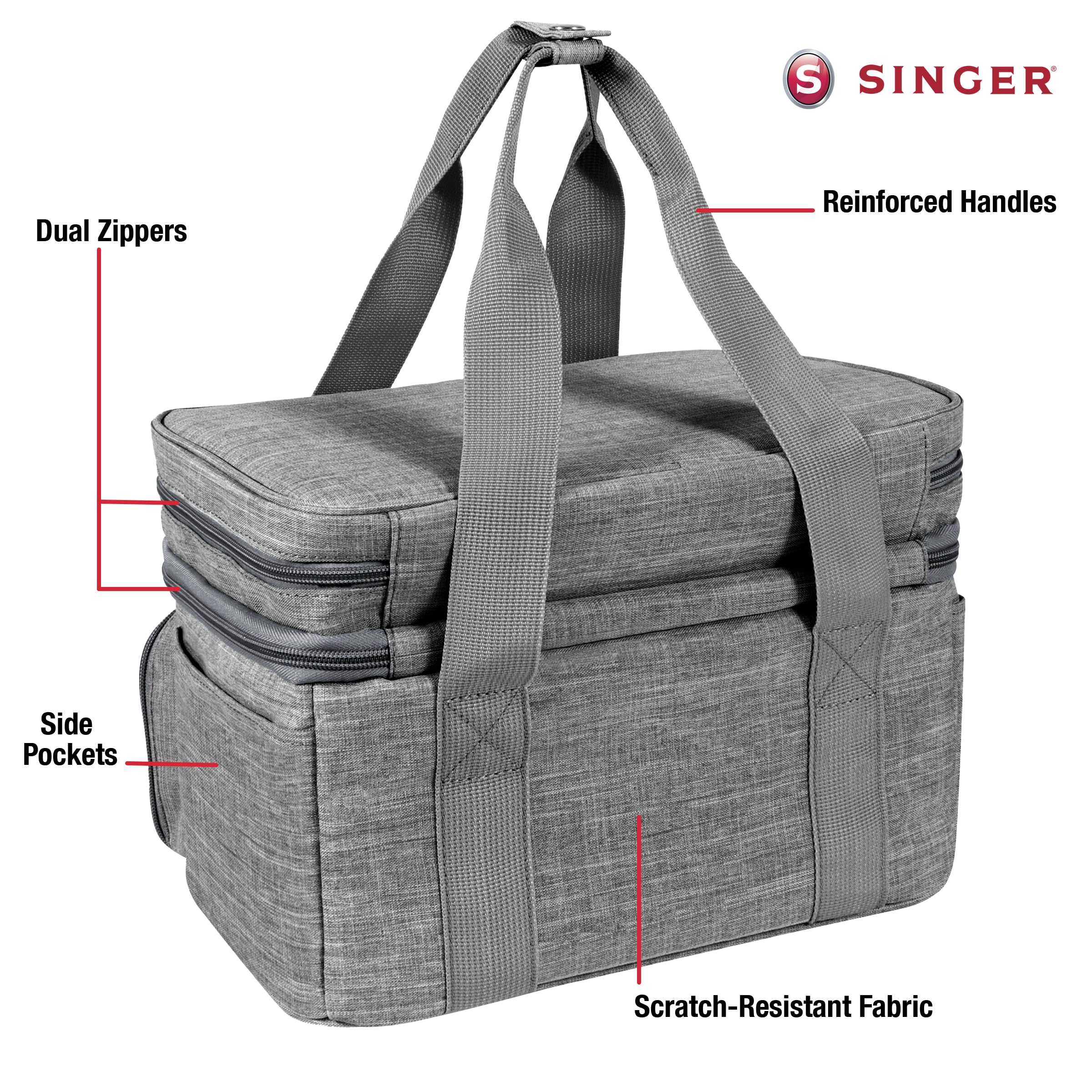 SINGER Sewing Accessories Organizer (Bag Only) – Double Layer Portable Sewing Storage Bag | 2 Detachable Pouches and 18 Compartments, Large Sewing Supplies & Crafting Carry-all (Gray)