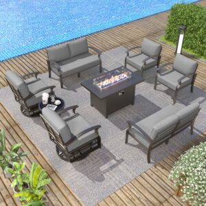 piltwoff aluminum patio furniture set,8 pcs modern patio sectional conversation sets w/55,000btu propane fire pit,outdoor swivel rocking chairs w/5.1" cushion&coffee table,grey