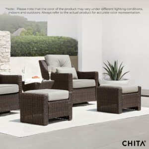 CHITA Patio Wicker Ottoman, Outdoor Rattan Footrest with Removable Cushion and Adjustable Foot Levelers for Backyard, Balcony, Apartment or Porch, Brownish Grey Cushions with Chestnut Wicker