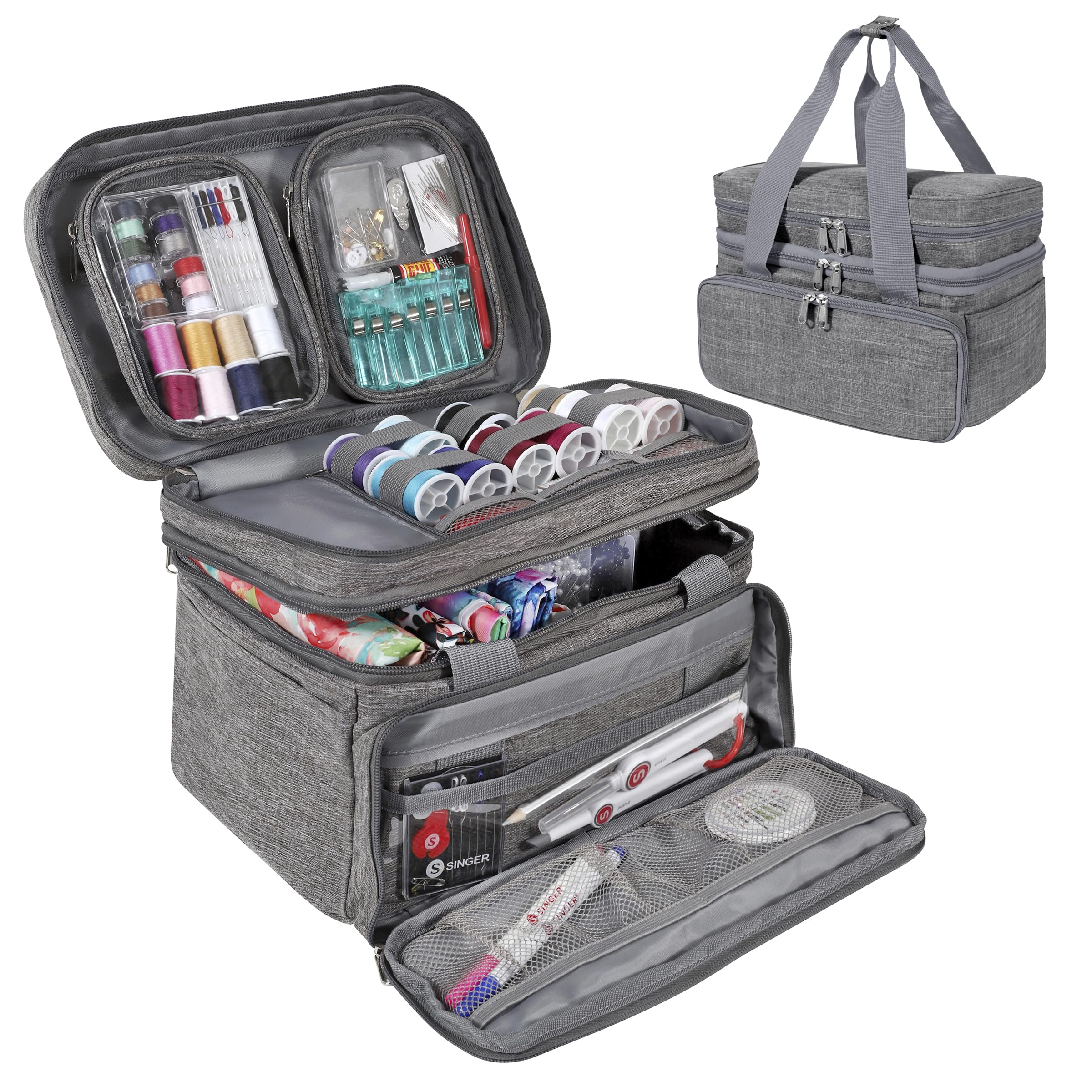 SINGER Sewing Accessories Organizer (Bag Only) – Double Layer Portable Sewing Storage Bag | 2 Detachable Pouches and 18 Compartments, Large Sewing Supplies & Crafting Carry-all (Gray)