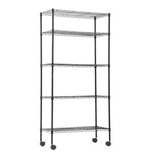 24/7 shop at home rex industrial 5 tier wire shelving rack with wheels, adjustable shelves and nsf certified, metal storage shelves for kitchen, office, garage, basement, laundry room, black