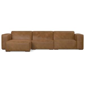 simplihome rex left-facing modular sectional sofa in full-grain genuine leather, caramel brown, 122-inches wide, handcrafted modern-style 4-seater l-shaped leather couch with left chaise