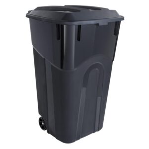 bjcyo 32 gallon wheeled heavy duty plastic garbage can, attached lid, black