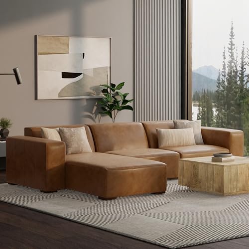 SIMPLIHOME Rex Left-Facing Modular Sectional Sofa in Full-Grain Genuine Leather, Caramel Brown, 122-inches Wide, Handcrafted Modern-Style 4-Seater L-Shaped Leather Couch with Left Chaise