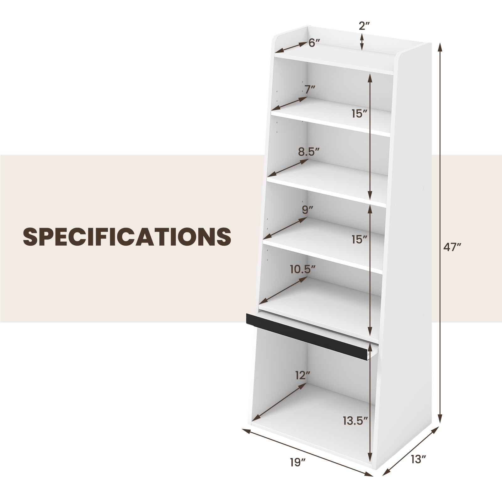 Tangkula White 6 Tier Bookcase, Modern Bookshelf w/ 2 Adjustable Shelves & Flip-up Door, Wood Storage Cabinet w/ 5 Open Shelves, Freestanding Display Shelf for Living Room Study (White, 6 Tier)