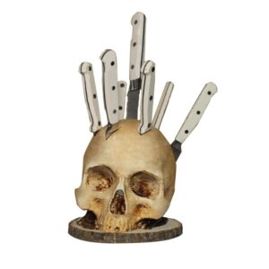 generic skull knife holder, skull knife block for kitchen storage, horror themed knife holder, scary atmosphere kitchen decorated with fruit knife holder, resin knife block without knives, brown