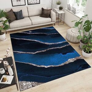 luxury navy blue marble rugs for living room, 4x6 area rug, black starry silver lines print carpet, non-slip rug anti-shedding easy to clean soft for bedroom hotel office bar dorm mens room