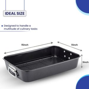 Generic Krafters Non-Stick Roasting Pan 11 inch x 15.5 inch with Rack and Steel Handles for Delicious Family Meals, Durable Metal Bakeware Dish, Spacious Oven Roaster Tray for Cooking, Gray, RP0011