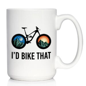 i'd bike that coffee mug - bicycle themed decor and gifts for mountain bikers - large 15oz white ceramic mug