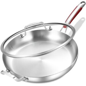 inqibee 12-inch tri-ply stainless steel frying pan with lid and helper handle,skillet,chef's pan,induction cooking pan,heavy duty and detachable handle.